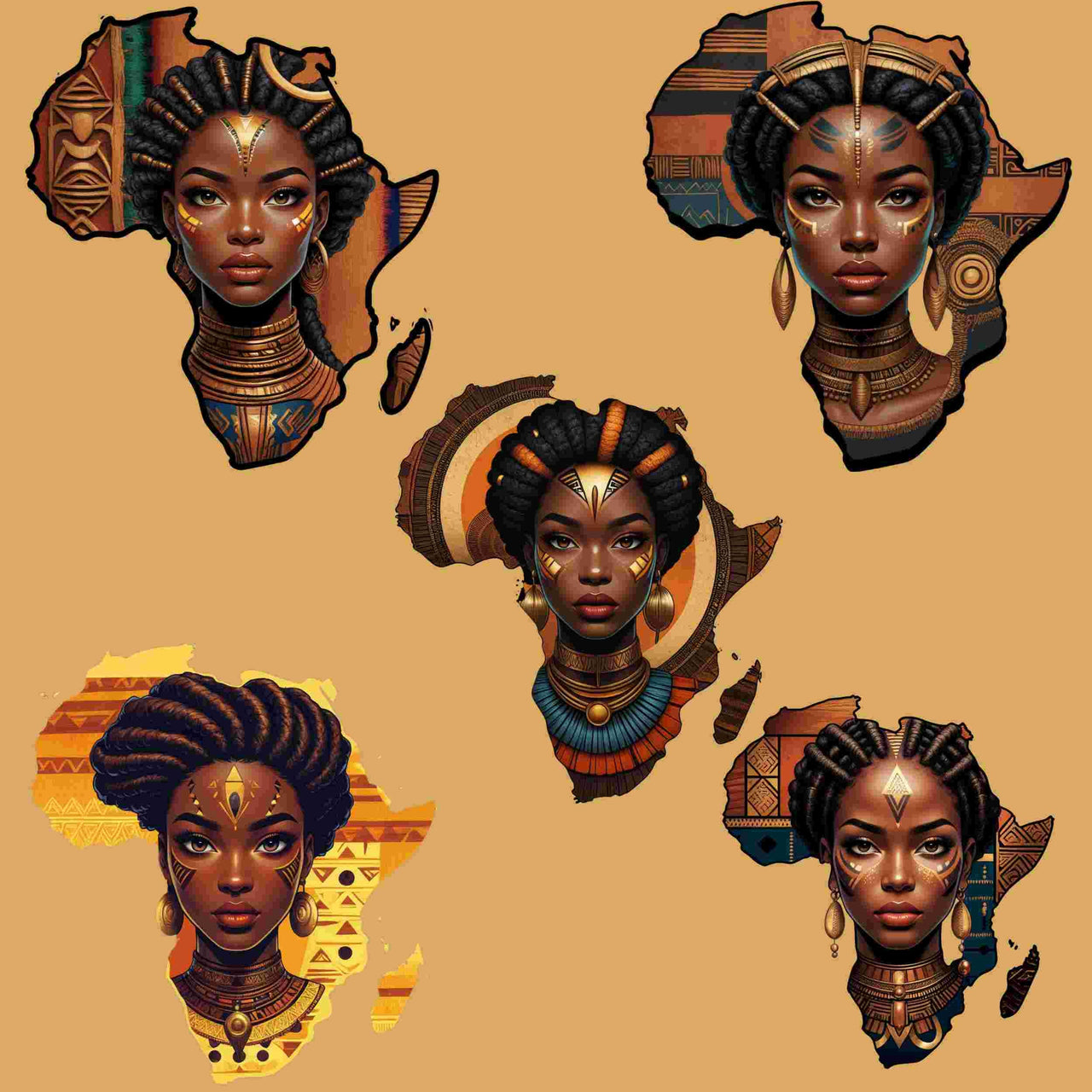 Afrocentric Queen PNG Bundle 5 High-Res Transparent African Map – Style ...