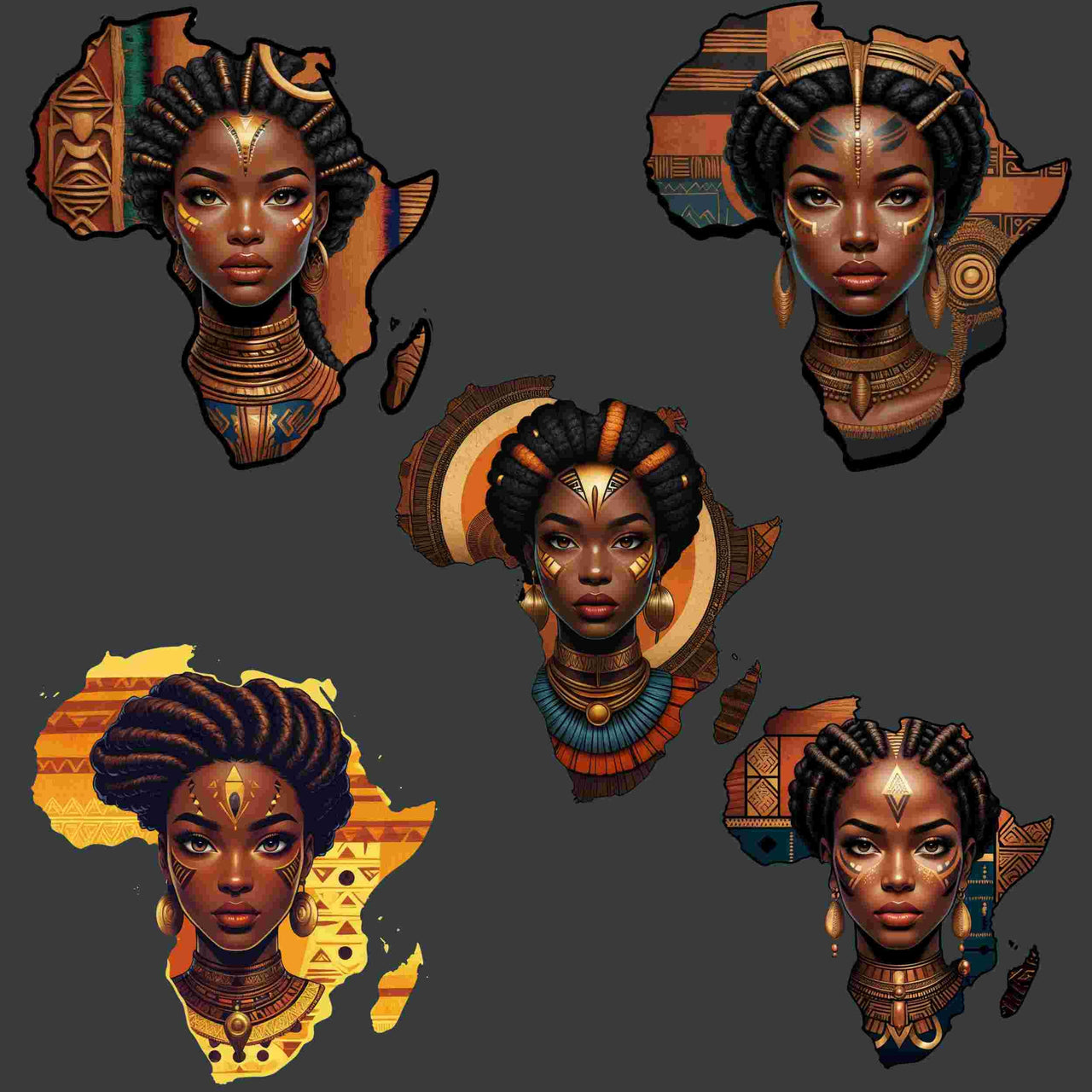 Afrocentric Queen PNG Bundle 5 High-Res Transparent African Map – Style ...
