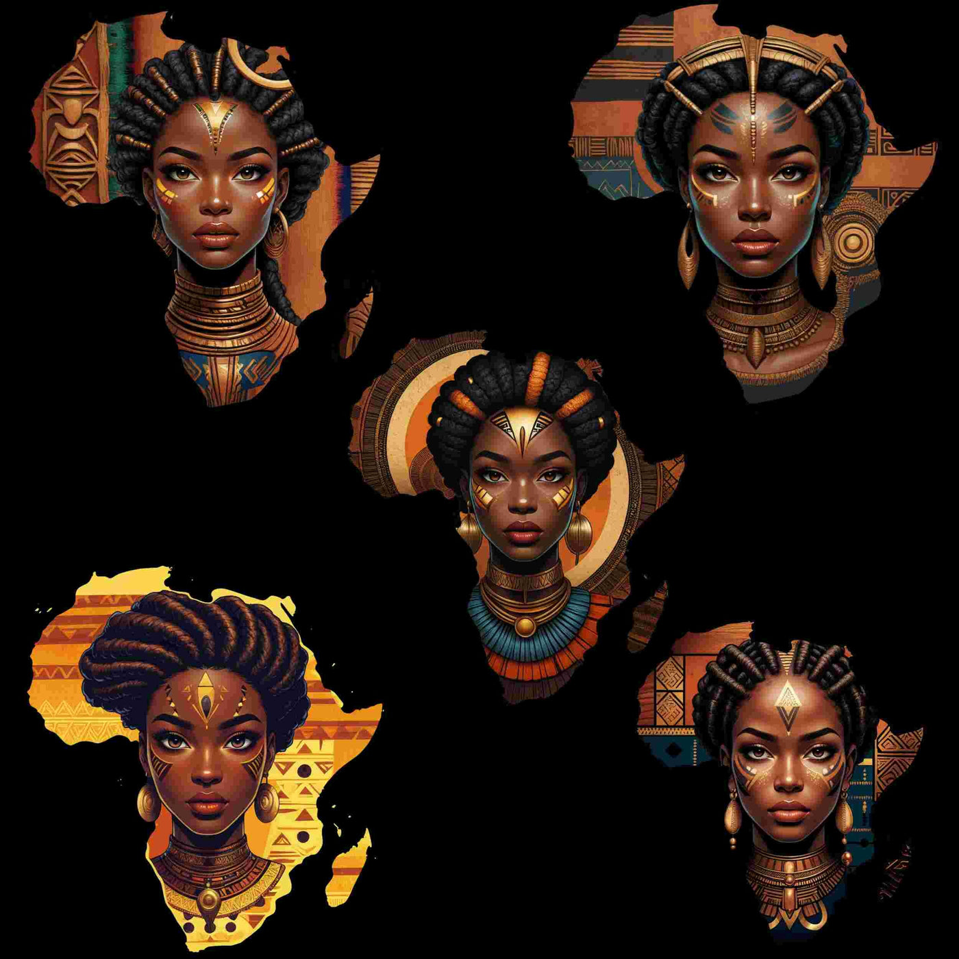 Afrocentric Queen PNG Bundle 5 High-Res Transparent African Map – Style ...